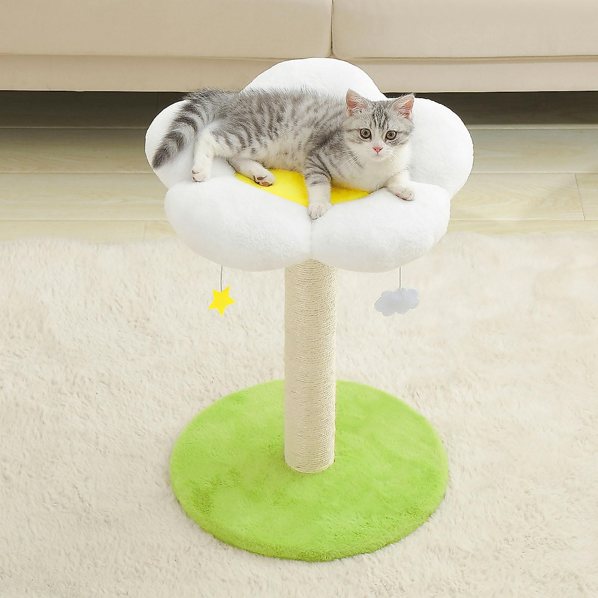 Hovicaed Cute Cat Scratching Post, Flower Cat Tree for Indoor Cats, Cat Scratcher with Bed, Sisal Scratch Posts Kittens Bed Large Perch Modern Small Cat Tower with Hanging Toys
