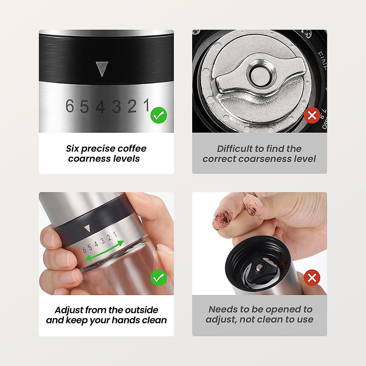 VEVOK CHEF Manual Coffee Grinder Stainless Steel Burr Grinder 6 External Adjustable Setting Vintage Hand Coffee Grinder Portable Hand Crank Conical Coffee Bean Grinder Mill for Home,Camping