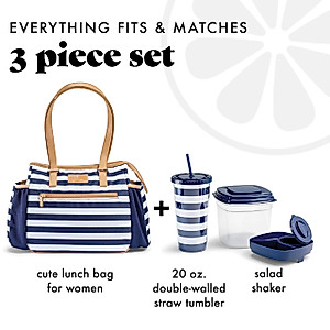 Fit & Fresh Lunch Bag For Women, Insulated Womens Lunch Bag For Work, Leakproof & Stain-Resistant Large Lunch Box For Women With Container and Matching Tumbler, Zipper Closure Copley Bag Navy Stripe