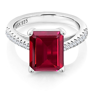 Gem Stone King 925 Sterling Silver Red Created Ruby and White Created Sapphire Ring For Women (4.06 Cttw, Emerald Cut 10X8MM, Available In Size 5, 6, 7, 8, 9)