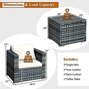 LUKEO 3 PC Patio Rattan Furniture Bistro Set Cushioned Sofa Chair Table White Single Sofa