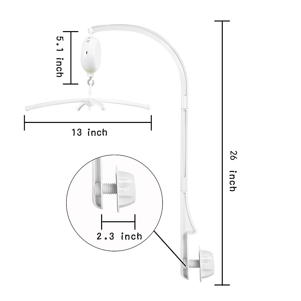HLEEDUO 26 in Crib Mobile arm,Crib Mobile Motor can Adjustable Volume，Baby Mobile with 3 moeds(Rotating&Music,Rotating only,Music only),Music Box Play 12 lullabies，Mobile arm for Crib