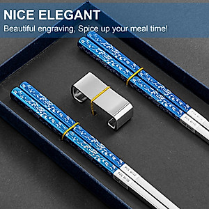 FOFAYU Metal Chopsticks Reusable 2 Pairs Titanium Plated Stainless Steel Chopsticks with Holder, Dishwasher Safe Non-Slip Japanese Style Chop Sticks Gift Set (Blue Silver)