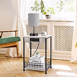 Vrisa Nightstands Set of 2 with Charging Station Small Bedside Tables with Storage Basket Farmhouse Night Stand with USB Ports and Outlets for Bedroom Living Room Home Decor Gray White