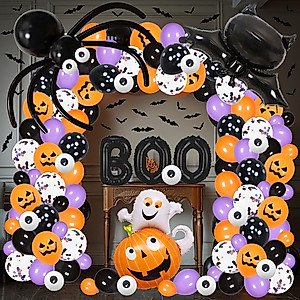 151 PCS Halloween Balloon Arch Kit,Black Orange Purple Halloween Balloon Garland with Boo Letter Ghost Pumpkin 3D Bats Skulls Halloween Foil Balloons,Halloween Party Decorations Kit