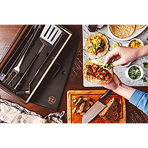 Schmidt Brothers - BBQ Carbon 6, 4-Piece Grilling Accessory Set, Full-Forged Stainless Steel Grilling Utensils Including Spatula, Fork, Basting Brush, and Tongs with All Wood Handles