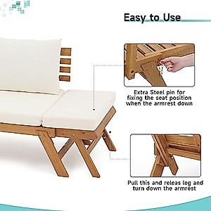 Verano Garden Outdoor Convertible Sofa Daybed, FSC Acacia Wood Patio Couch with Thick Cushion & Pillows for Porch, Backyard, Balcony, Apartment, Sunroom, Cream White