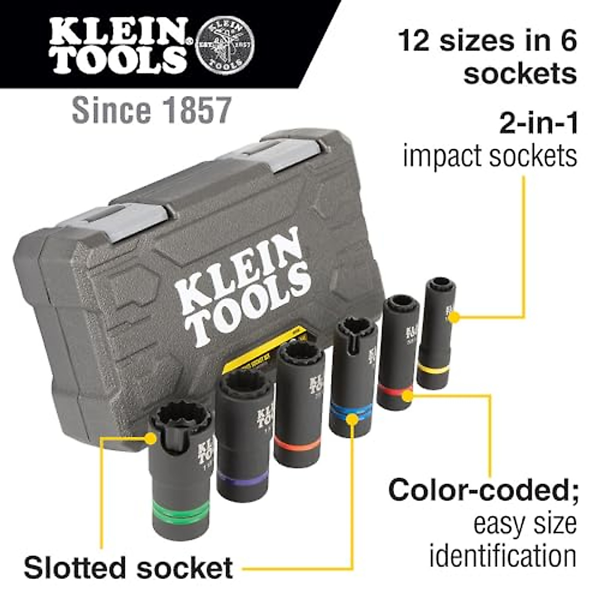 Klein Tools 66090 1/2-Inch Impact Socket Set, 2-in-1 Slotted Design, 12-Point Deep Sockets, for Impact Wrenches, Includes Tool Case, 6-Piece