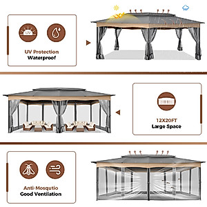 COBIZI Gazebo 10x20 Heavy Duty Patio Gazebo with Mosquito Netting Deck Gazebo with Metal Steel Frame Large Screen Gazebo Tent Waterproof with Double Roof for Backyard, Deck, Garden