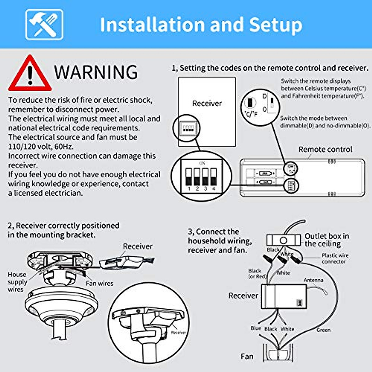 Universal Ceiling Fan Remote Control Kit Replacement for Hampton Bay Home Decorators Collection Hunter Harbor Breeze, 3-Speed Timer Light Dimmer Thermostatic Control, 2AAZPHD3/HD3 KUJCE10320/TR222A