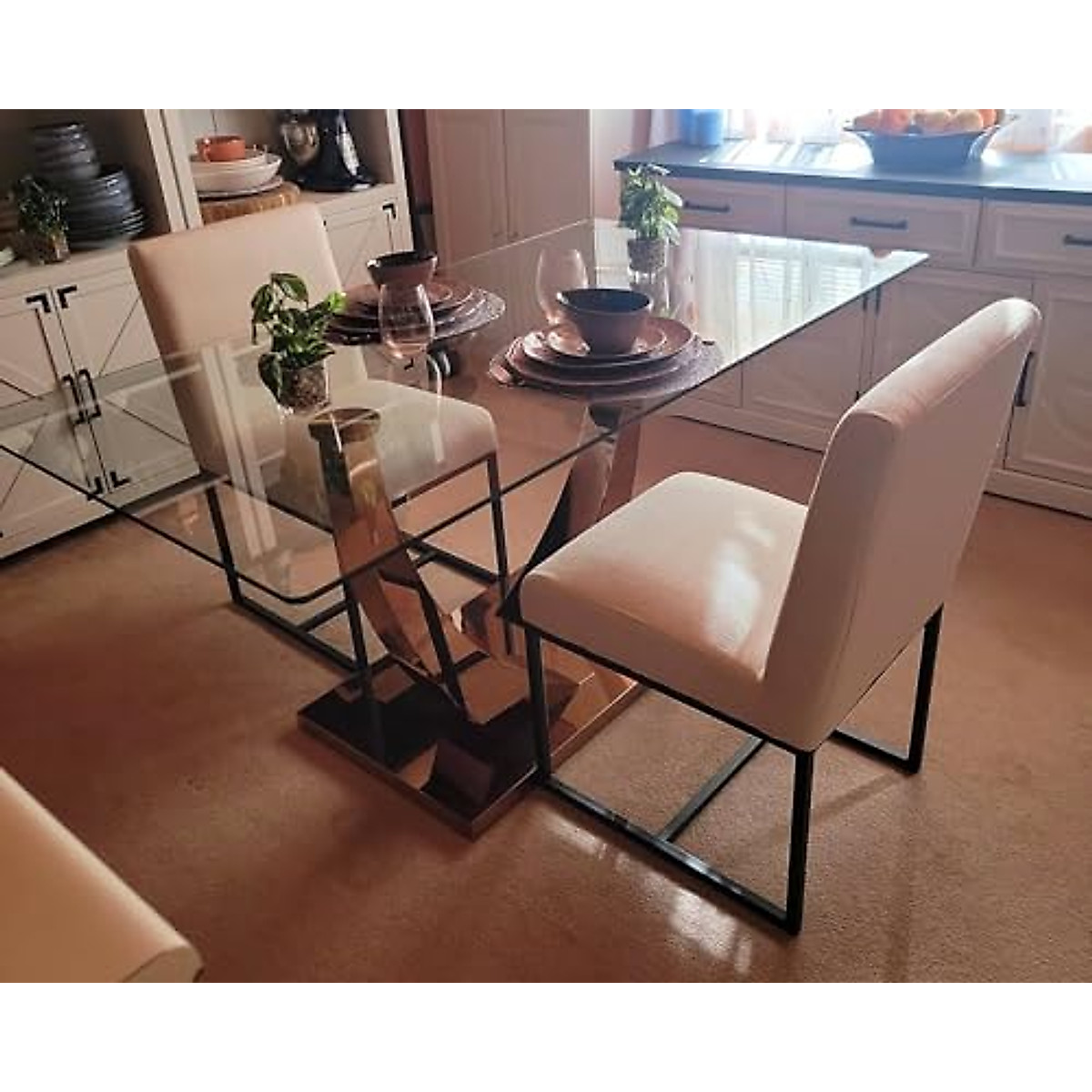 VESCASA Linen Upholstered Dining Chairs Set of 2, Mid Century Modern Padded Chair with Black Metal Frame for Restaurant, Dining Room, Kitchen, Cream