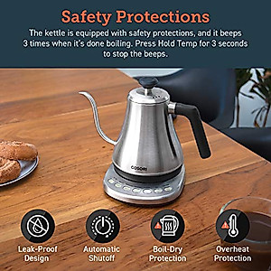 COSORI Electric Gooseneck Kettle with 5 Variable Presets, Pour Over Kettle & Coffee Kettle, 100% Stainless Steel Inner Lid & Bottom, 1200 Watt Quick Heating, 0.8L, Silver