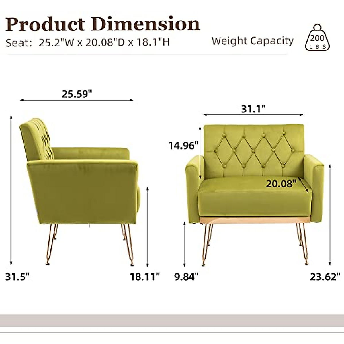 Olela Accent Chair Set of 2,Velvet Armchair Single Sofa Modern Tufted Upholstered Side Reading Chairs with Arm and Gold Metal Leg for Living Room Bedroom Club Nursery Office Decorate(2, Olive Green)