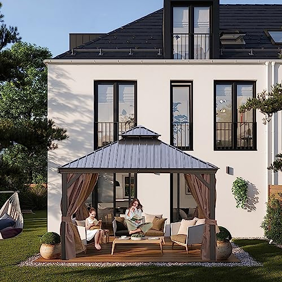 NANONYY 12’ X 12’ Hardtop Gazebo Sturdy Aluminum Construction with Galvanized Steel Double Roof Outdoor Gazebo for Patio, Lawn and Garden. Includes Curtains and Netting .Brown