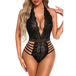 Aranmei Women Sexy Lingerie Bodysuit Deep V Halter Cut Out Lace Teddy One Piece Babydoll Snap Crotch(Black X-Large)