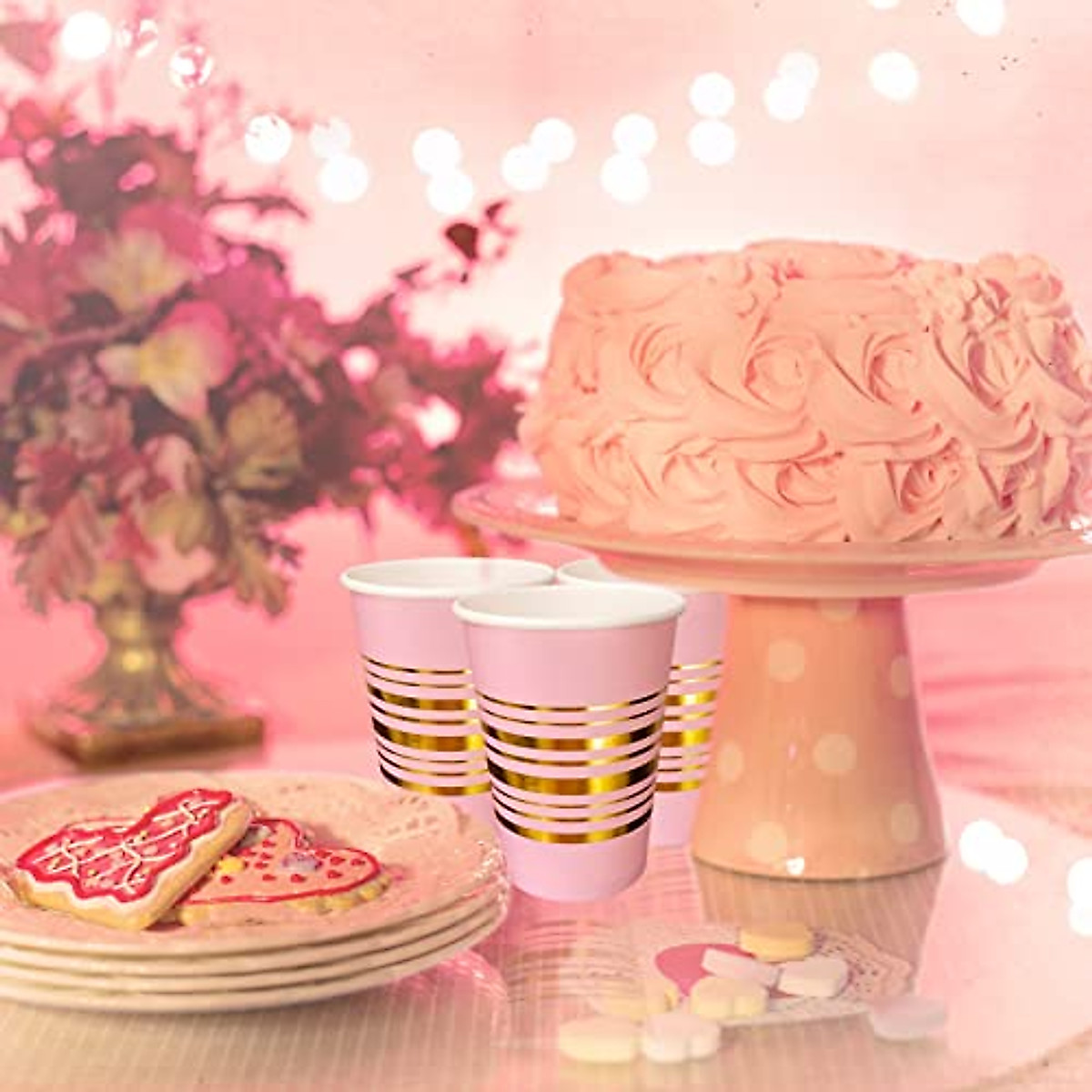 DiggHous KSG Elegant Light Pink and Gold Striped Paper Party Cups 12 oz - Pack of 50 Disposable Cups - Perfect for Bachelorette Baby Shower Birthdays - Hot and Cold Beverages