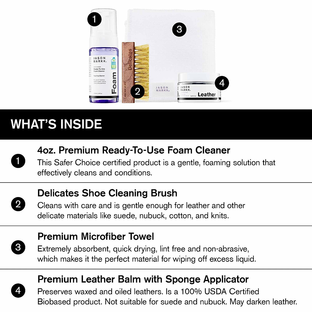 Jason Markk Leather Care Kit, 4-Piece Set, Ready-To-Use Foam, Balm Conditioner, Sponge, Delicates Brush, & Microfiber Towel, Ideal for Maintaining, Cleaning, & Protecting Leather Goods, 4oz