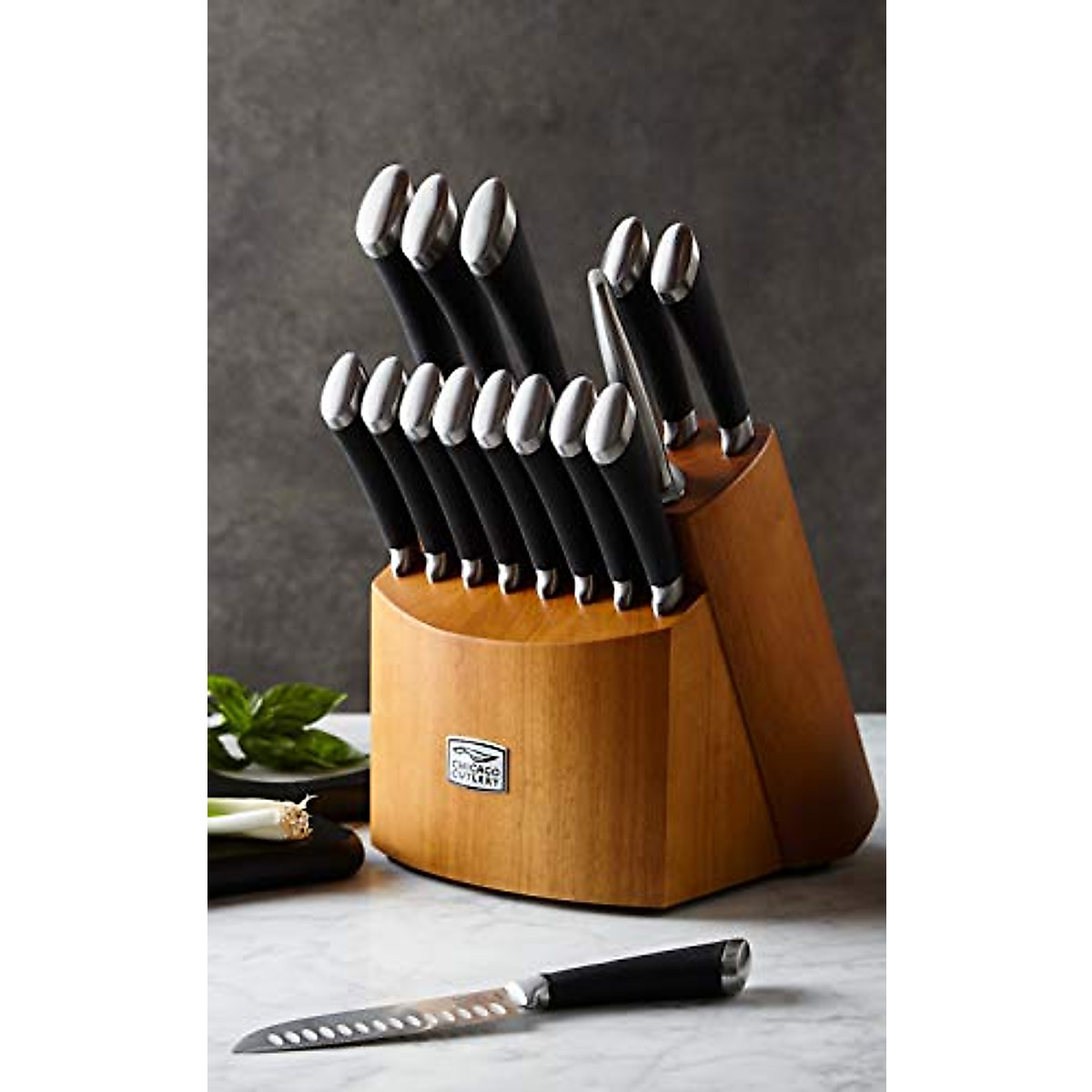 Chicago Cutlery Fusion 17 Piece Kitchen Knife Set with Wooden Storage Block, Cushion-Grip Handles with Stainless Steel Blades that Resists Stains, Rust, and Pitting