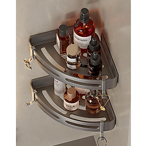 FENGZIZH Adhesive Corner Shower Caddy with Hooks - Versatile Bathroom Storage Solution for Shampoo and Shower Supplies,No Drill Shower Shelf Convenient Shower Caddy Hanging Rack