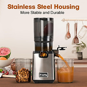 Cold Press Juicer Machines,Fretta Slow Masticating Juicers with 5.3" Large Feed Chute Fit Whole Fruits & Vegetable Easy Clean Self Feeding Juice Extractor,Tritan Material BPA Free 250W,Stainless Steel