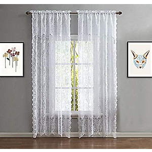 Warm Home Designs Pair of 2 White Color Extra Short Length 54” (W) x 108” (L) Semi Sheer Lace Curtain Panels & Attached Valances with 6 Tassels. Classic Elegant English Rose Pattern. L White 108”