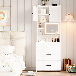 LIKIMIO Vanity Desk Set with Mirror and Light, Small Compact Makeup Vanity Desk with Drawers and Charging Station, with Hidden Storage and Comfortable Stool