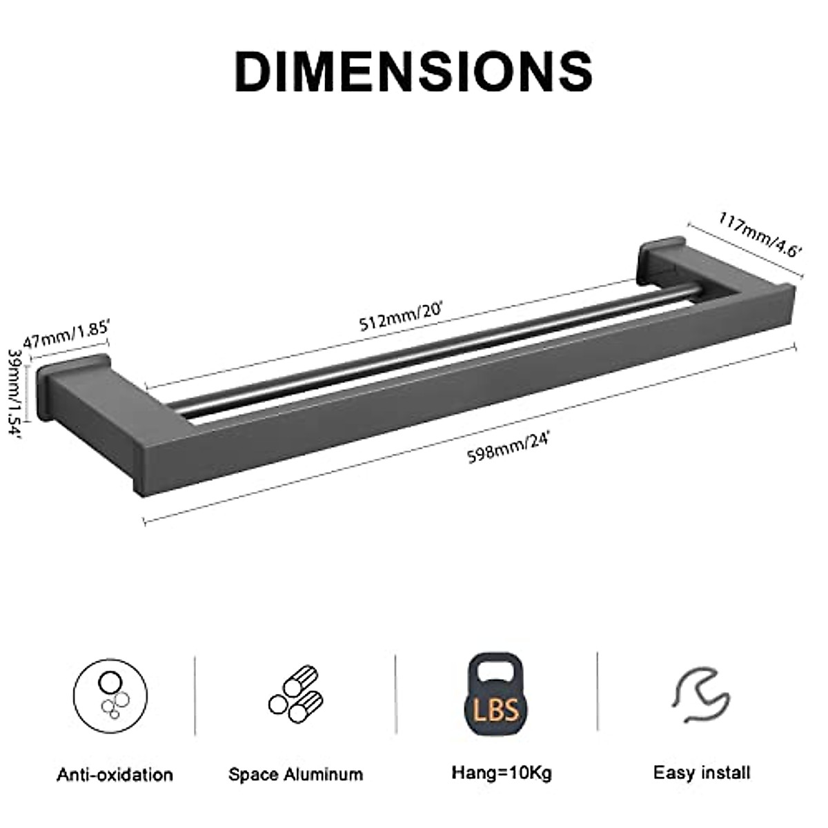 NearMoon Double Bath Towel Bar, Bathroom Accessories-Premium Thicken Space Aluminum Square Shower Towel Rack for Bathroom/Kitchen, Towel Holder Wall Mounted (24 Inch, Grey)