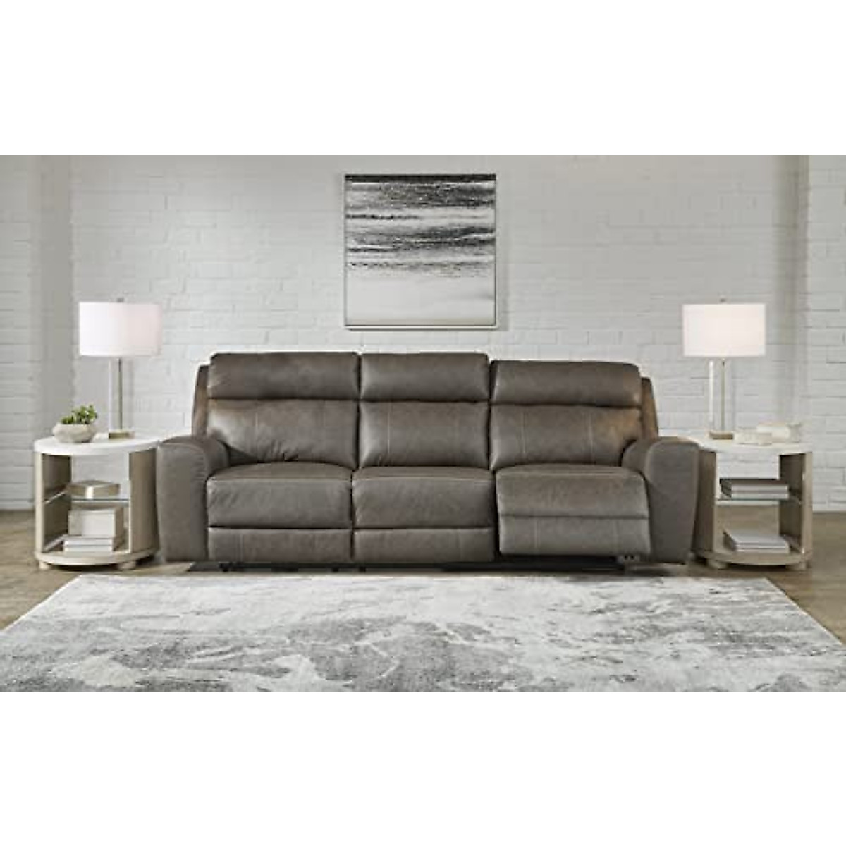 Signature Design by Ashley Roman Contemporary Tufted Leather Power Reclining Sofa with Adjustable Headrest, Gray