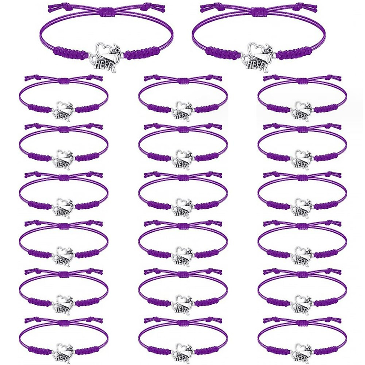 ZUYYON 20 Pcs Cheerleader Gifts Cheer Bracelet Girls Cheerleading Charm Bracelet Bulk Adjustable Cheerleader Gifts for Cheer Team Cheerleading Jewelry Accessories(Purple)
