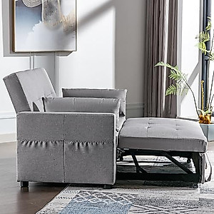 Haplized Loveseat Sleeper Sofa Bed, Light Grey Linen Fabric Convertible Sleeper Sofa with Pull-Out Couch Bed & Adjustable Cushions Backrest, Reclining Loveseat with Side Pocket for Living Room