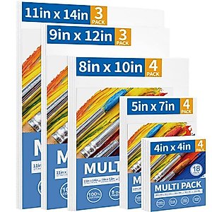 FIXSMITH Canvas Boards for Painting 18 Pack, Multi Pack- 4x4, 5x7, 8x10, 9x12, 11x14 Inches, 100% Cotton Primed Canvas Panels for Acrylic, Oil, Art Supplies for Kids, Adults, Beginners