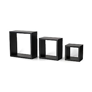 Melannco Floating Wall Square Cube Shelves for Bedroom, Living Room, Bathroom, Kitchen - Wood, Set of 3, Black