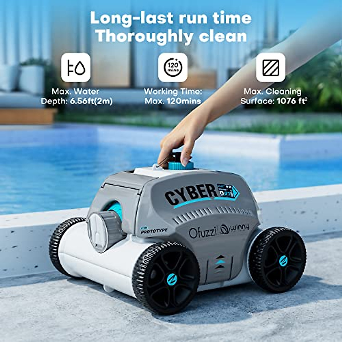 Ofuzzi Cyber 1200 Cordless Robotic Pool Cleaner, Max.120 Mins Runtime, 3H Fast Charge, 1.5X Suction Power Automatic Pool Vacuum for Above/In Ground Pools Up to 1076ft² of Flat Bottom (Grey)