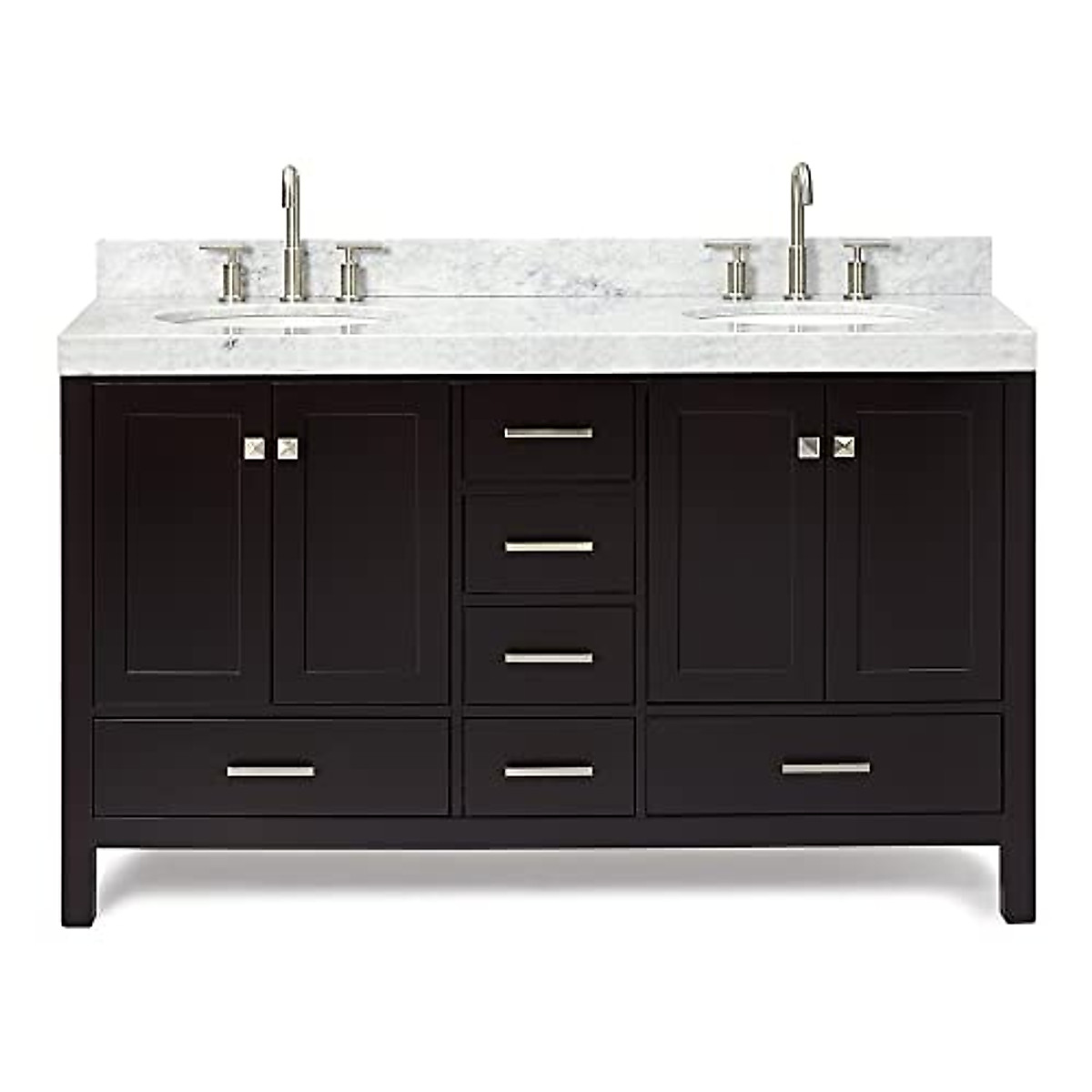 ARIEL Double Bathroom Vanity 60" Espresso, 2" Edge Italian Carrara Marble Countertop & Splash, Rectangular Sinks, 4 Soft Closing Doors, 6 Full Extension Dovetail Drawers, Brushed Nickel