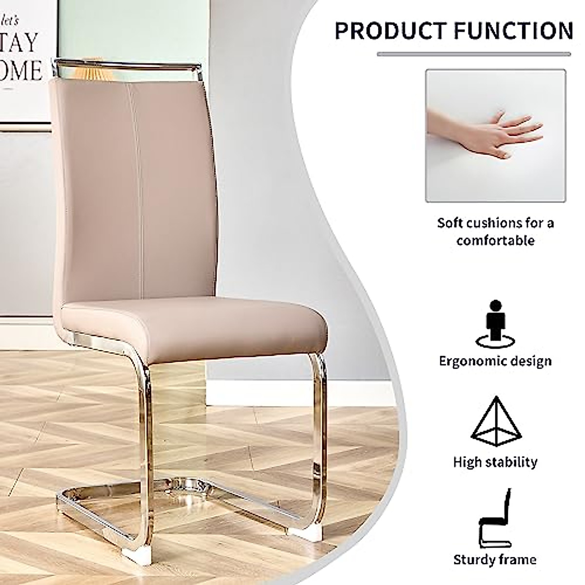 Baysitone Modern Dining Chairs Set of 4, Side & Kitchen Chairs with Silver Frame, Faux Leather Padded Seat High Back, for Dining, Kitchen & Living Room, Champagne