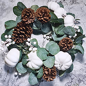 White Pumpkin Garland Artificial Eucalyptus Garland with White Pumpkins Pinecones Berries Fall Foliage Garland for Wedding Arch Backdrop Thanksgiving Table Runner Farmhouse Décor 6' Long
