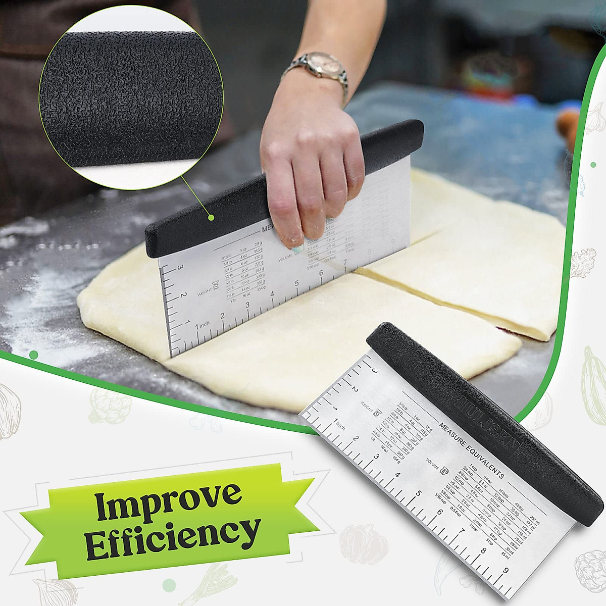 HULISEN Large Bench Scraper for Baking, 10 inch Dough Pastry Scraper with Measuring Scale, Stainless Steel Cake Scraper, Pizza Cutter, Food Chopper, Bread Separator Knife