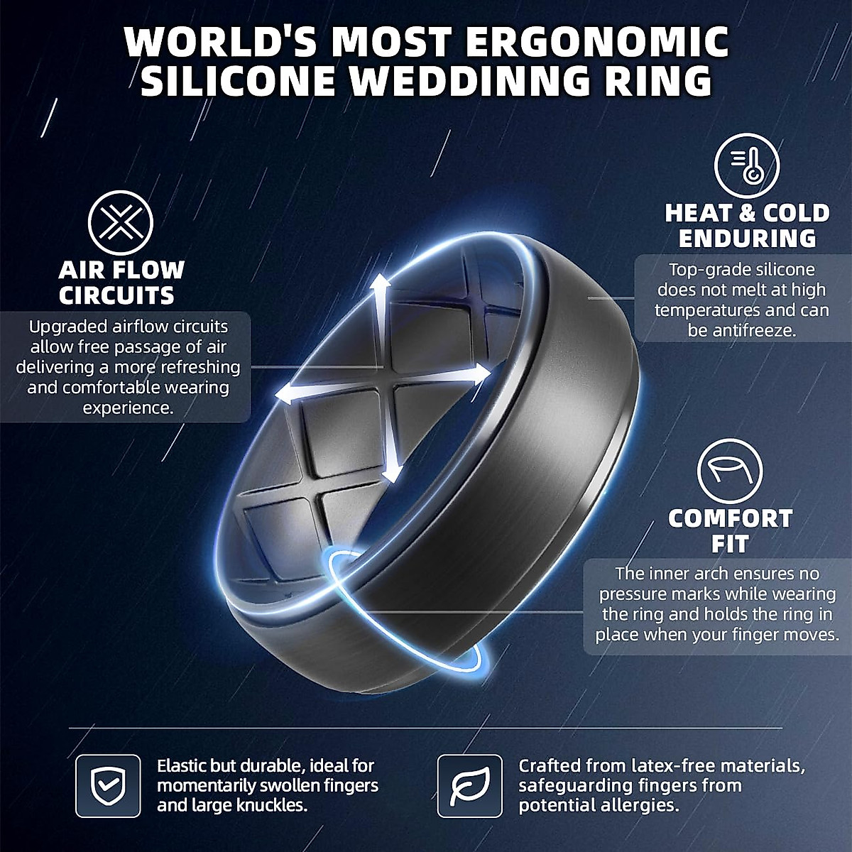 Egnaro Inner Arc Ergonomic Breathable Design, Silicone Rings Mens with Half Sizes, 7 Rings / 4 Rings / 1 Ring Rubber Wedding Bands, 10mm Wide-2.5mm Thick
