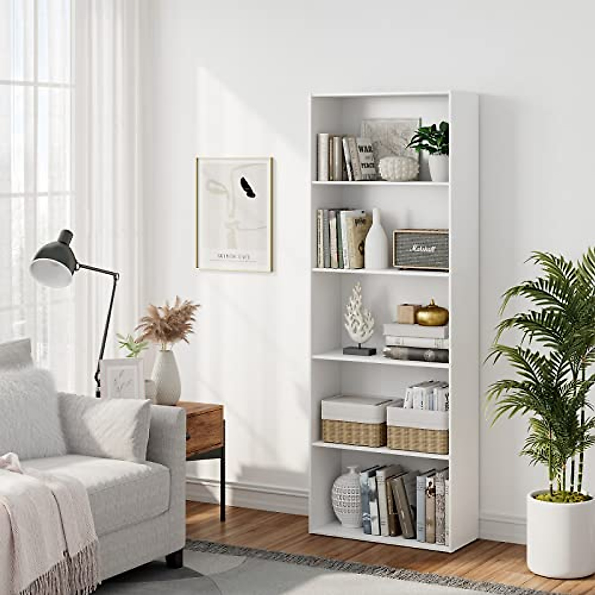 Tangkula 5-Shelf Bookcase, 23.5''L x 9.5''W x 67''H, Multi-Functional Wood Storage Display Open Bookshelf for Home Office (White)
