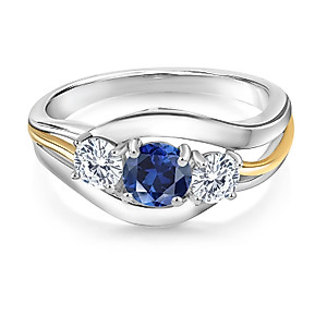 Gem Stone King 925 Sterling Silver and 10K Yellow Gold Personalized and Customized Name Engraved 3-Stone Round Gemstone Birthstone Ring For Women (Size 8)