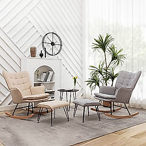 MELLCOM Rocking Chair with Ottoman, High Back Nursery Glider Rocker with Solid Wood Leg, Modern Upholstery Linen Fabric Armchair for Nursery, Living Room and Bedroom