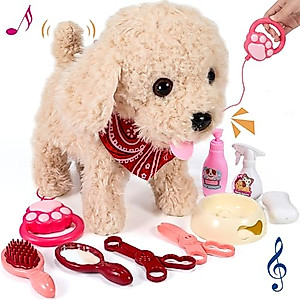 GOBRILLFUN Interactive Plush Puppy Toy with Remote Control - Electronic Stuffed Animal Dog can Walks, Barks & Wags Tail, 10 Pcs Pet Care Playset, Realistic and Fun for 3-6-Year-Old Kids