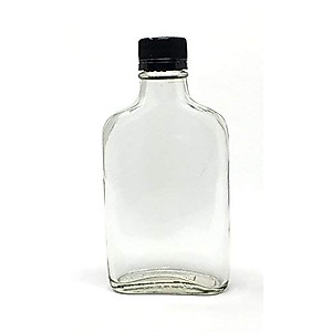 200 ml (6.6 oz) Glass Flask Liquor Bottle with Black Caps (12 Pack)
