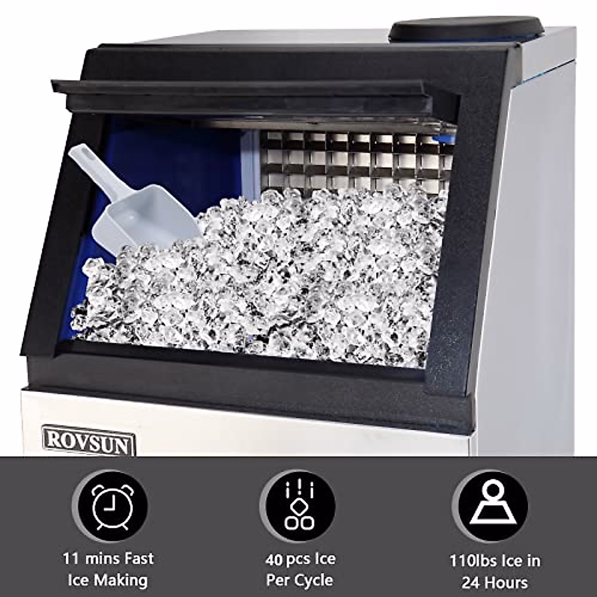 ROVSUN Commercial Ice Maker 110lbs/24h Automatic Built-in Stainless Steel Under Counter/Portable Freestanding for Restaurant Bar with 24lbs Storage, Connection Hoses & Ice Scoop