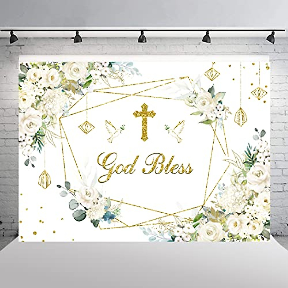 Wollmix 1st First Communion Baptism Decorations Backdrop 7x5ft God Bless Holy Communion Banner Christening Gold Dots White Florals Photography Background Baby Shower Banner Photo Booth Props