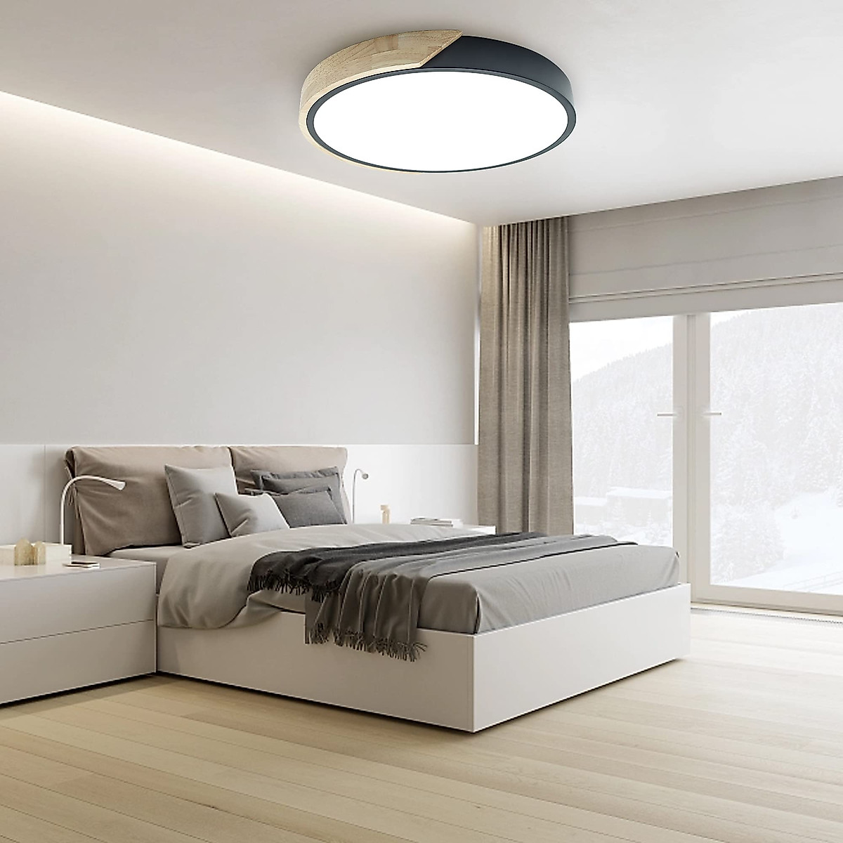 LED Ceiling Light, Minimalist Flush Mount Ceiling Light Fixture, 4500K, Close to Ceiling Light Fixtures with Black Metal and Wood Design, Round Ceiling Lights for Bedroom Closet Hallway