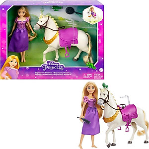 Mattel Disney Princess Toys, Rapunzel Fashion Doll & Maximus Horse Set with Saddle, Brushable Tail, Styling Accessories & Pascal Figure