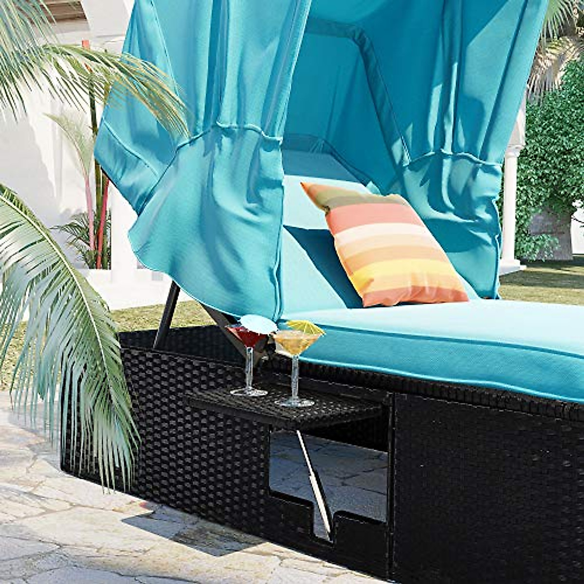 Merax Chaise Lounge Chair with Adjustable Canopy, Outdoor Reclining Chaise with Cushions & Flip-up Table, Patio PE Rattan Wicker Sun Lounger for Poolside (Blue Chaise x 2)