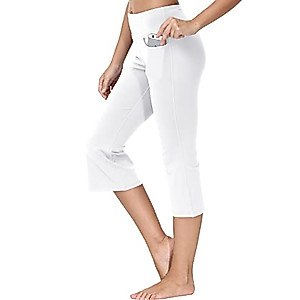 Cakulo Women's Plus Size Capris Pants Yoga Flare High Waist Bootcut Stretch Jean Casual Palazzo Cream Bottoms Knee Flared Leggings with Pockets White XL