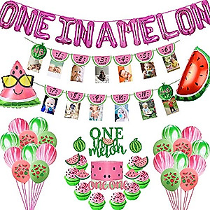 Watermelon First Birthday Party Supplies One in a Melon Balloons Watermelon Photo Banner Pink Glittery Watermelon One Cake Cupcake Topper Summer Fruit Girls 1st Birthday Party Supplies Decorations
